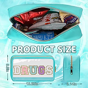 Iqimott Preppy Patch Clear Makeup Bag, Women Chenille Letter Cosmetic Bag for Travel, Nylon Waterproof Organization Outdoor Zipper Pouch Toiletry Bag for Women Girls(Green)