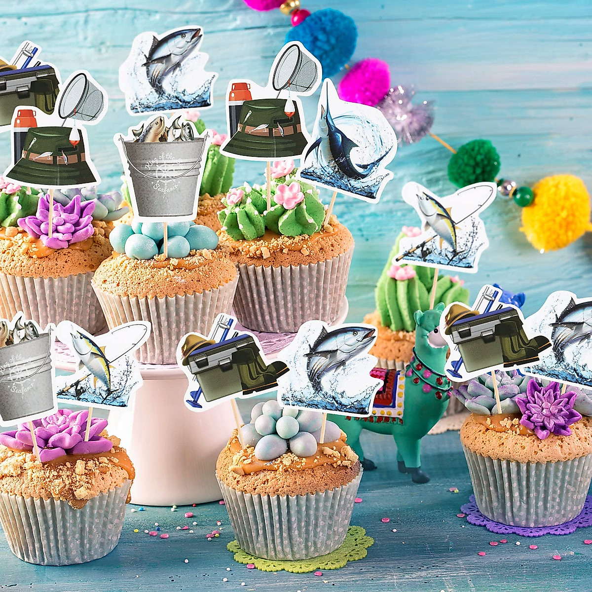 Geosar 50 Pcs Fish Happy Birthday Banner Gone Fishing Party Decorations Fisherman Cake Toppers Gone Fishing Party Supplies for Men Boys Fishing Themed Party