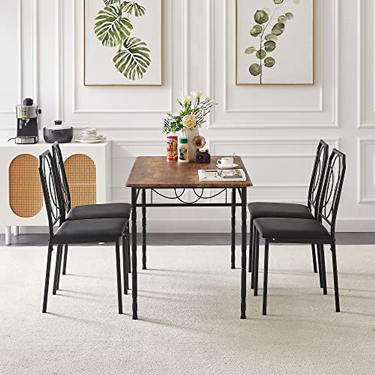 VECELO 5 Pieces Sets,43.3" Table&Chairs for 4,Industrial Counter Height Tabletop with Bar Stools, Rectangle Breakfast Chairs, Living Room, Apartment, Dining Table for 4, Brown