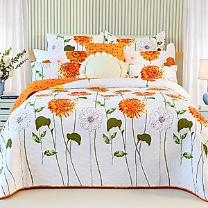 EVENHUG 100% Cotton Quilt Queen Size Orange Sunflower Bedding Set Floral Lightweight Quilt Reversible Coverlet Bedspread with 2 Pillow Shams All Seasons 3 Pieces (92"x96")