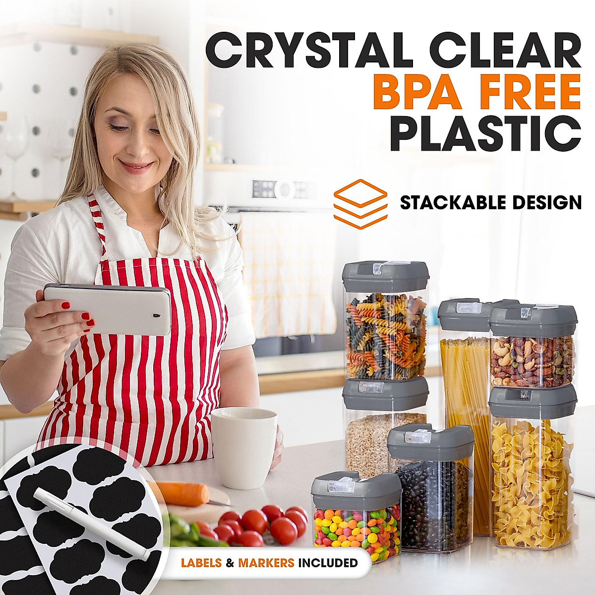 Cheer Collection Airtight Food Storage Containers, Kitchen Storage Containers for Pantry, Set of 7 Food Containers with Lids Airtight, Pantry Storage Containers & Organizers with Lids, Gray