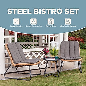 3PCS Patio Conversation Set Rattan Patio Furniture Set Adjustable Feet L-shaped Wicker Furniture Set with Portable Table Outdoor Patio Bistro Set Soft Cushions Detachable Balcony Backyard Deck