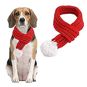 Cobee Christmas Dog Cat Santa Scarf, Dog Winter Knitted Scarf Pet Winter Neck Warmer Costume with White Pompom Ball Party Dressup Xmas Cute Decorate Gift Red (Medium)