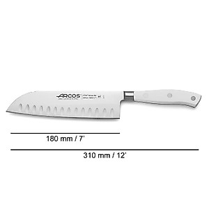 ARCOS Forged Santoku Knife 7 Inch Stainless Steel. Japanese Sharp Knife For Cutting Meat, Fish and Vegetables. Ergonomic Polyoxymethylene Handle and 180mm Blade. Series Riviera Blanc. Color White,