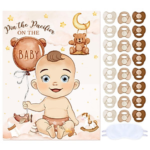 Faccito Pin The Pacifier Baby Shower Games Bear Baby Shower Decoration Include Brown Poster 24 Pacifier Stickers Blindfold Pin The Pacifier on Baby Game for Bear Baby Shower Birthday Party Supplies