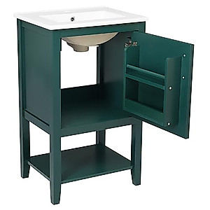 QuixotYDDZ 20" Bathroom Vanity Modern Bathroom Storage Cabinet with Ceramic Sink, Single Sink Bathroom Vanity Cabinet with Storage Rack and Open Shelf, Soft Closing Door, Green