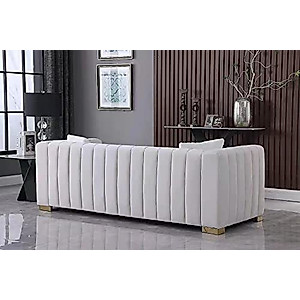 i-POOK 87" Chesterfield Sofa, Modern Velvet Channel Tufted Upholstered Sofa Couch with 2 Toss Pillows and Armrest 3 Seater Sofa with Metal Legs Accent Sofa for Living Room Office Apartment, White