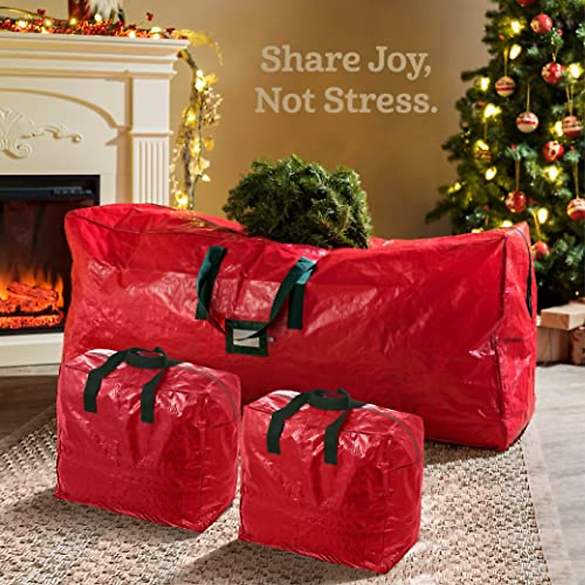 Zober 3-Pack Christmas Artificial Tree Storage Bag and Two Garland Bags; Holiday Tree Storage for Trees Up to 7.5 ft, Includes Card Slot, Dual Zipper, and Carry Handles; Tearproof 600D Oxford Material