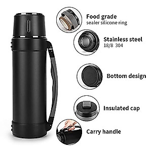 Stainless Steel Thermos with Cup – 61oz Double-Wall Vacuum Insulated Water Bottle for Travel – Camping Coffee Thermoses with Handle – Keeps Liquid Hot or Cold,Leak Resistant,Black