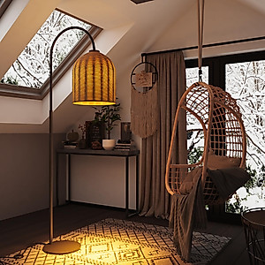 Rattan Floor Lamp, 63in. boho floor lamp with Natural Rattan Shade, Rustic Arc Standing Lamp for Coastal, Beach or Bohemian Style Decor, E26 Socket, On/Off Footswitch Lamp for living room, Bedroom