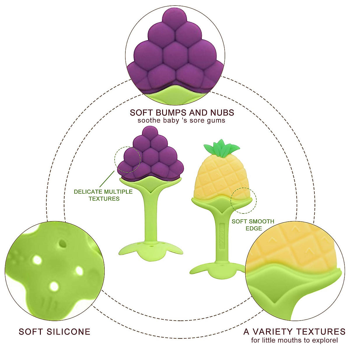 SLGOL Fruit Teething Toys for Babies 4 Pack, BPA Free Silicone Teethers for 3 Month+ Little Boy & Girl Cute Infant and Shower Gifts