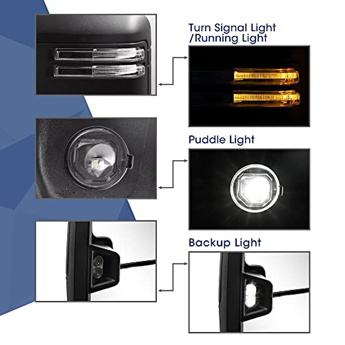 Towing Mirror Compatible with 2019-2023 Chevy Silverado 1500 With Power Adjustment Mirror Heated Turn Signal & Running Light Backup Light Puddle Lamp BSM Light Temperature Sensor Pair Set