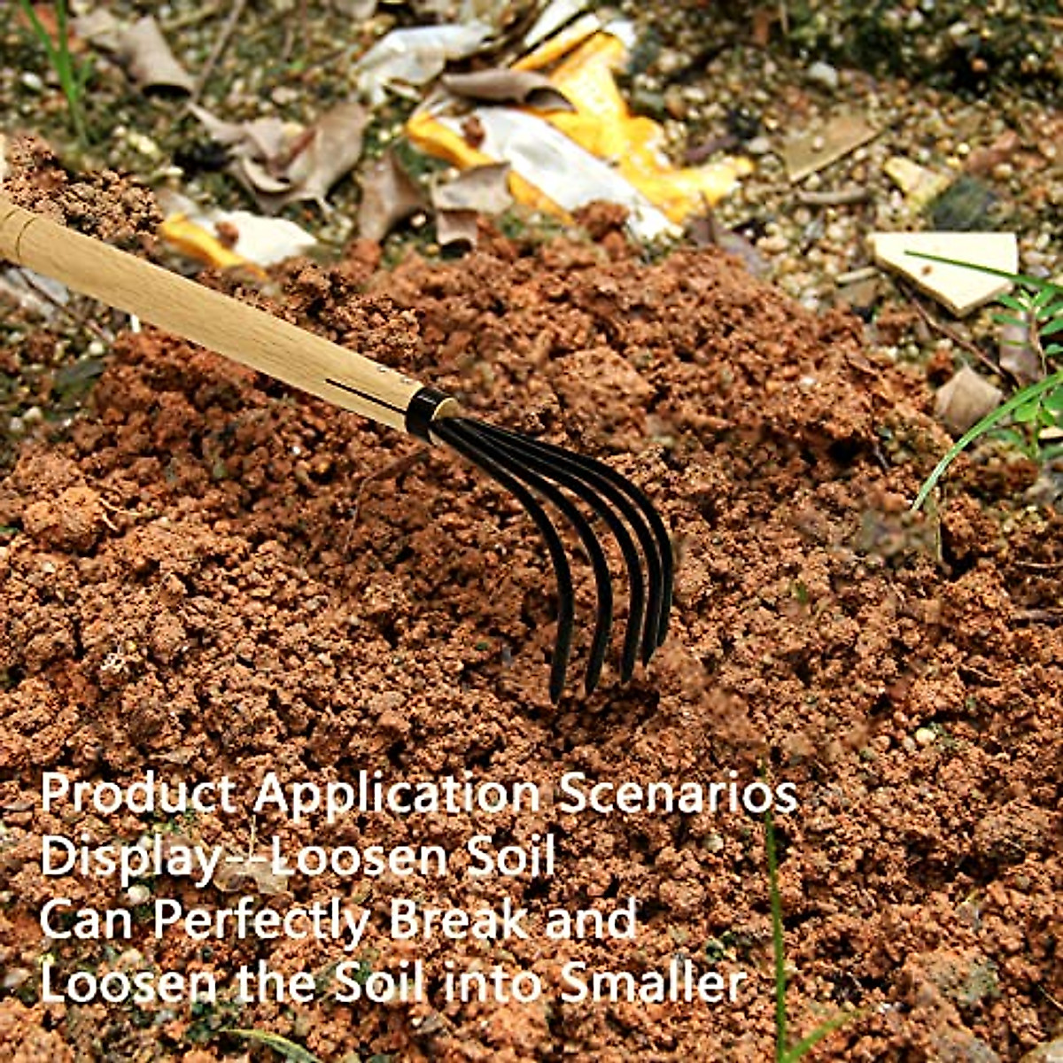 XFJTECH 15'' Garden Rake Cultivator 5 Tines Claw Soil Tiller Military Grade Steel Japanese Ninja Claw with Ergonomic Wooden Handle for Perfect Pulverized and Aerated Soil and Combing Leaves Weeding