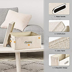 HONGKERNE Linen Fabric Storage Bin with Lid[1-Pack] Foldable Storage Box Organizer Storage Basket with Lid Closet Storage Bins for Clothes Storage Containers for Bedroom Office Home (Cream, Small)