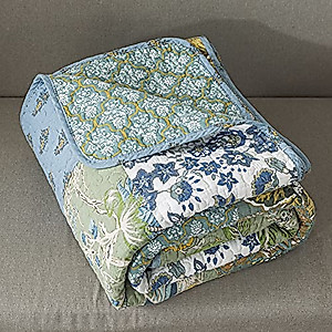 NEWLAKE Cotton Quilted Throw Blanket for Bed Couch Sofa, Reversible Matelasse Blanket with Real Stitched Embroidery,Green Farmhouse Garden,60X78 Inch