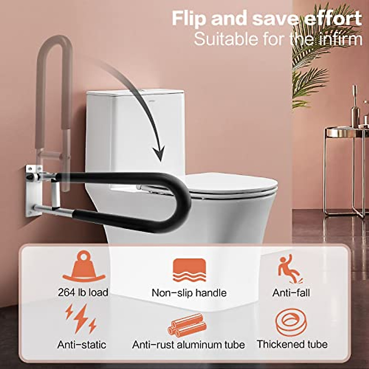 Flip Up Grab Bar for Bathroom, U-Shaped Aluminium Alloy Toilet Safety Rail for Elderly, Toilet Grab Bar for Wall, Non-Skid Toilet Handicap Grab Bar Handicap Rail for Home Hotel Pregnant