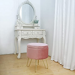 SOFT ASS Fashionable Velvet Round Storage Ottoman Footrest Stool with Vanity Chair and Tray Top Coffee Table/Gold Metal U-Legs (Deep Pink)