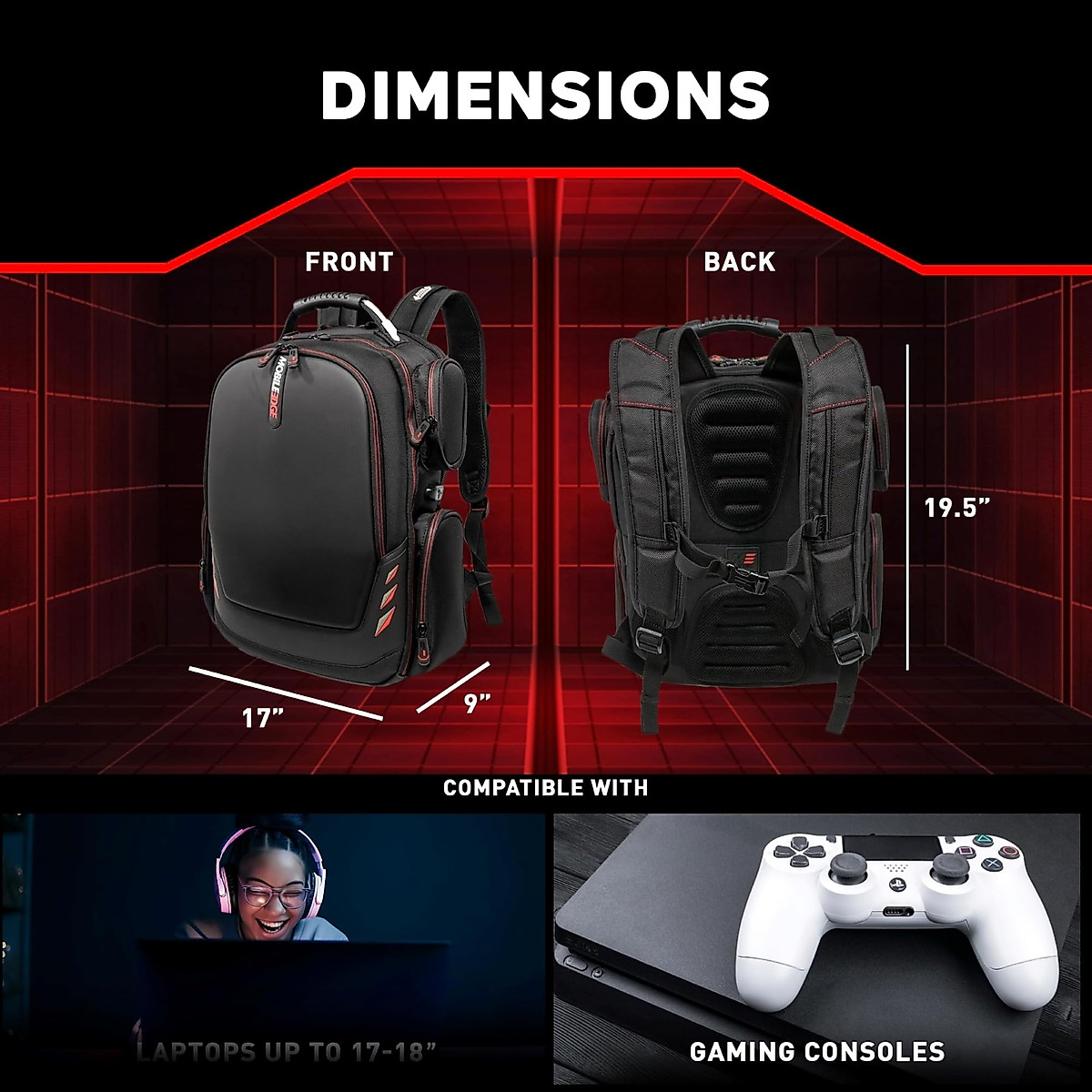Mobile Edge Core Gaming Laptop Backpack, Molded Front Panel, 17 - 18 Inch, External USB 3.0 Quick-Charge Port and Built-in Charging Cable ScanFast TSA Checkpoint Friendly Black w/Red Trim MECGBP1