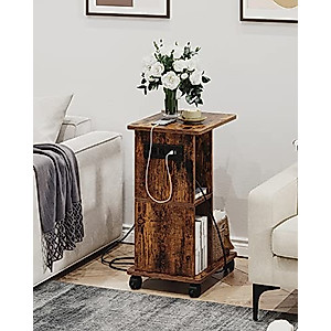 HILINSIE C Shaped End Table with Charging Station - Narrow Side Table with USB Ports and Outlets for Small Spaces, 3-Tier Storage Shelves Nightstand, 11.9 x 15.8 x 21.7 Inches, Rustic Brown