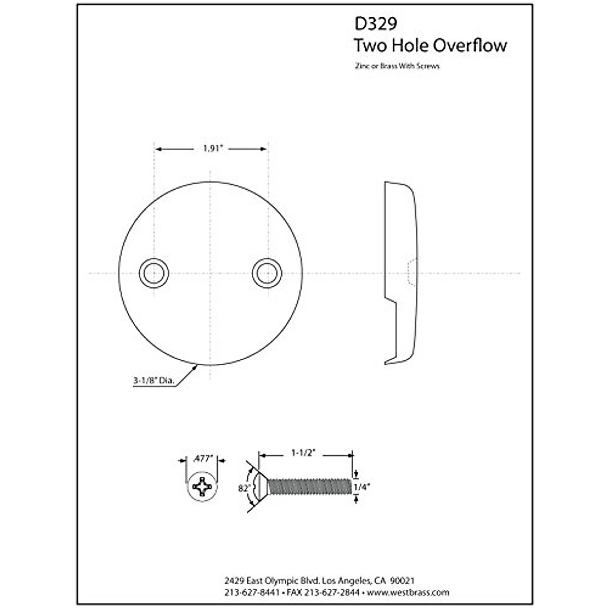 Westbrass R329-62 3-1/8" Two-Hole Bathtub Overflow Faceplate and Screws, 1-Pack, Matte Black