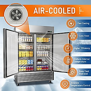 HOCCOT Commercial Refrigerator 54” Two Solid Door Reach-In Cooler, Stainless Steel 2 Sections Air-cooled Refrigerator with Adjustable +33°F~+41°F Temp Range in LCD Display, 49 Cu.Ft for Restaurant
