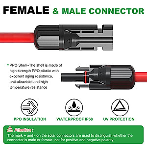 Oududianzi 30 Feet 10AWG Solar Extension Cable, Solar Panel Extension Cable with Solar Panel Connectors, Solar Panel Wire for Solar Systems, Car, RV and Boats (30FT Red + 30FT Black)