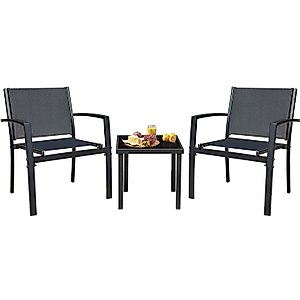 JUMMICO 3 Pieces Patio Furniture Set Outdoor Textilene Patio Chairs with Coffee Table Modern Patio Conversation Bistro Set for Lawn, Garden, Balcony, Poolside and Porch (Black)