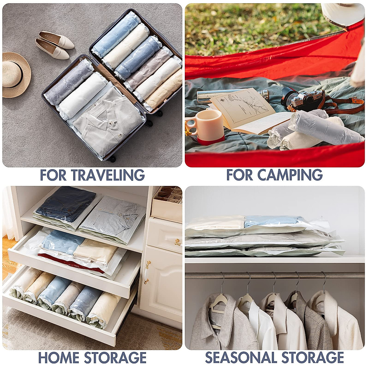 TAILI 12 Pack Travel Compression Bags, Roll Up Space Saver Bags (6 Large, 6 Medium), No Vacuum Needed Reusable Packing Bags for Luggage, Suitcase, Backpack, Travel Essentials