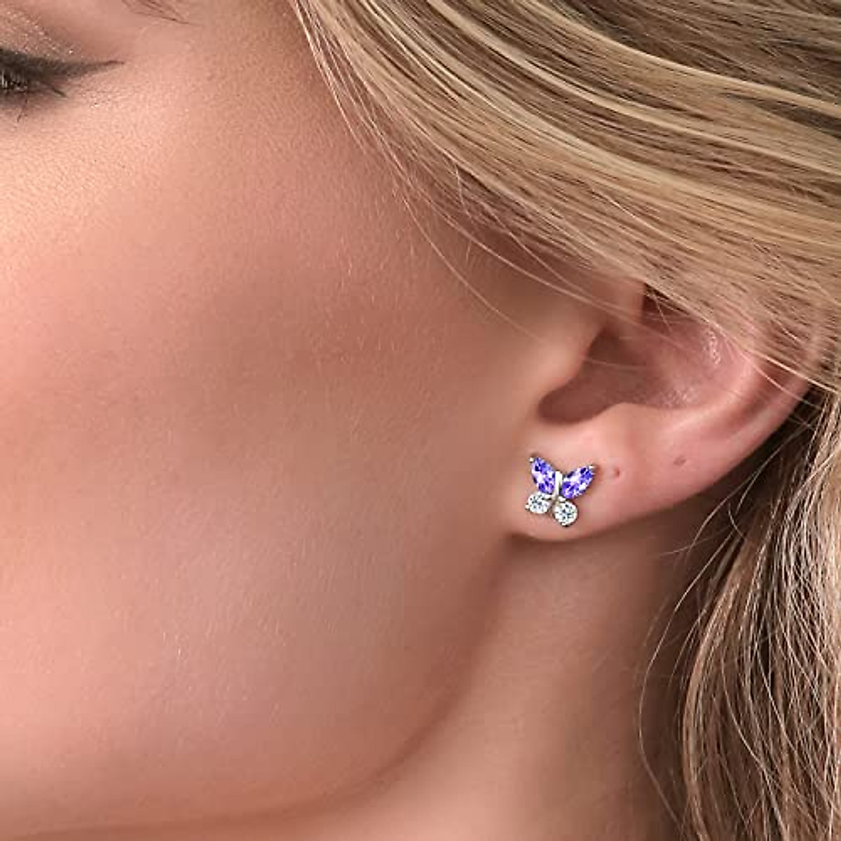 Gem Stone King 925 Silver Marquise Blue Tanzanite and White Topaz Butterfly Earrings For Women (1.56 Cttw, Gemstone December Birthstone, Center Stone: 6X3MM, Small Stones: 3MM)