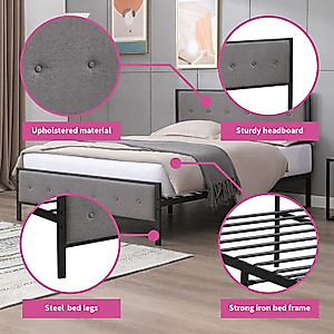 Mixoy Cal King Size Modern Metal Bed Frame with Linen Headboard, Platform Bed with Metal Slat Support, Noise Free, No Box Spring Needed(Cal King/Dark Grey)