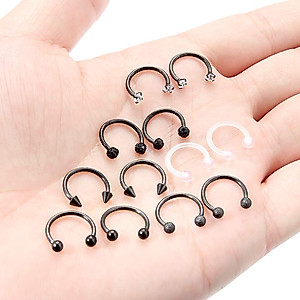 SCERRING 6 Pairs 16G 10mm Stainless Steel Nose Horseshoe Hoop Rings Eyebrow Lip Ear Tragus Cartilage Daith Septum Retainer Body Piercing Jewelry Clear CZ Black