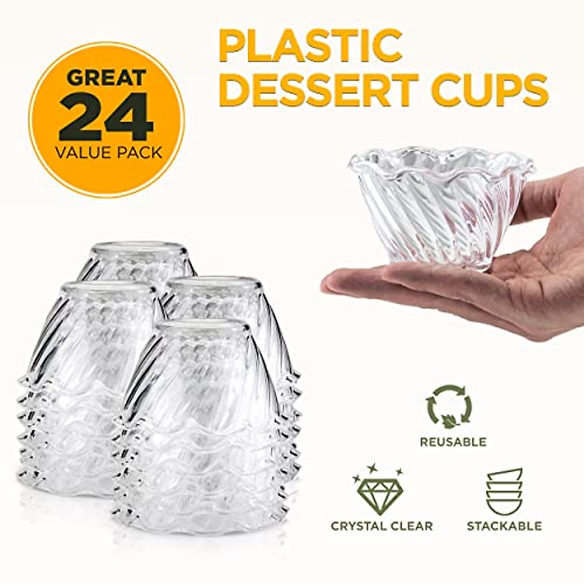 [24 Pack] Plastic Dessert Cups 5 oz - Clear Mini Ice Cream Sundae Tasting Bowls, Individual Swirl Tulip Shape Dish Holder, Salad Appetizer Chocolate Candy Serving in Party Buffet, Commercial Home Use