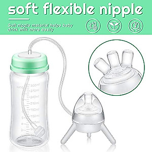 Nuanchu 10 Ounce Self Feeding Baby Bottle with Long Tube Straw Cute Leak-Proof Baby Feeder Bottle Imitation Milk Weaning Baby Supply (Mint Green)