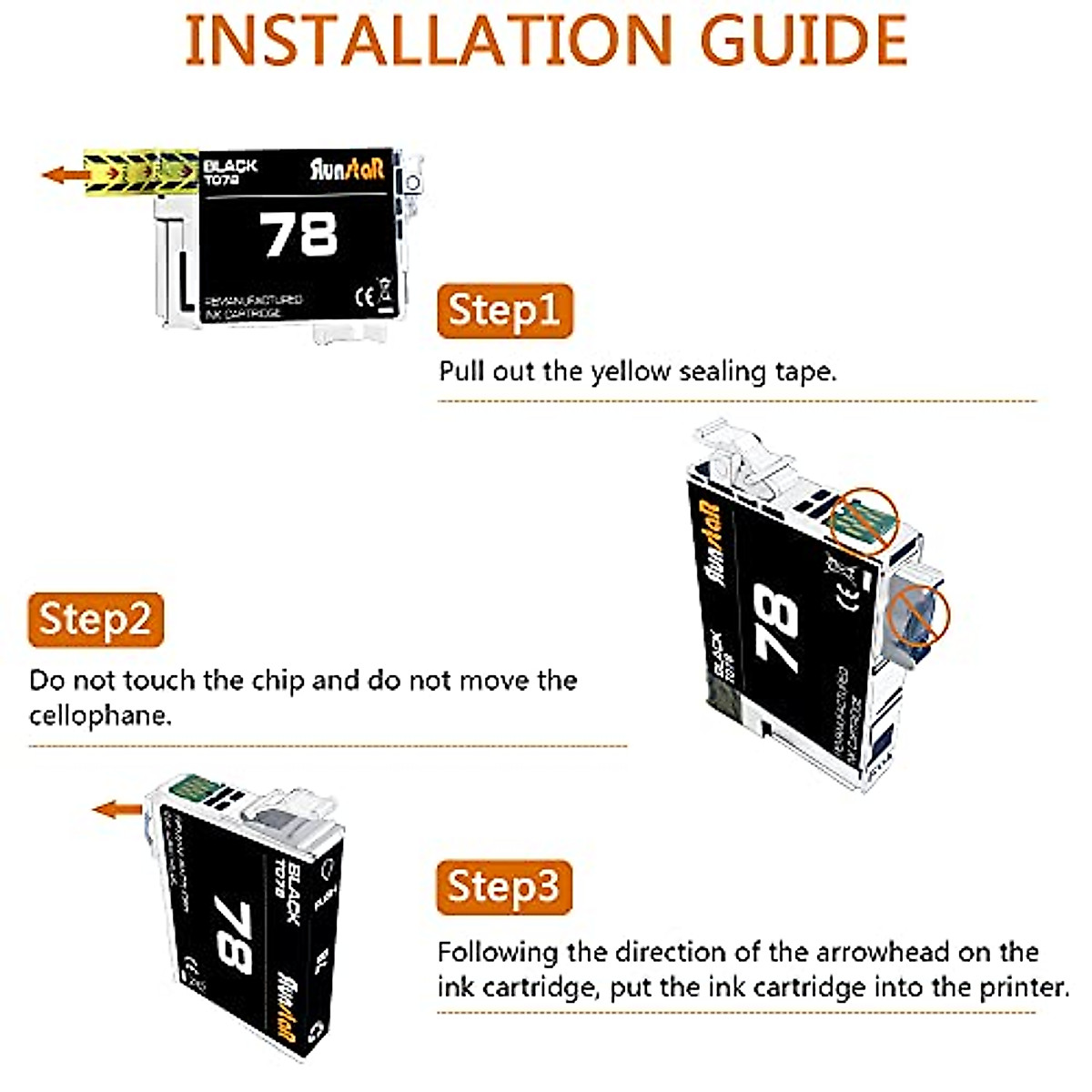Run Star Remanufactured 78 Black Ink Cartridge Replacement for 78 T078 to use with Artisan 50 Stylus Photo R260 R280 R380 RX580 RX595 RX680 Printer (2-Black)