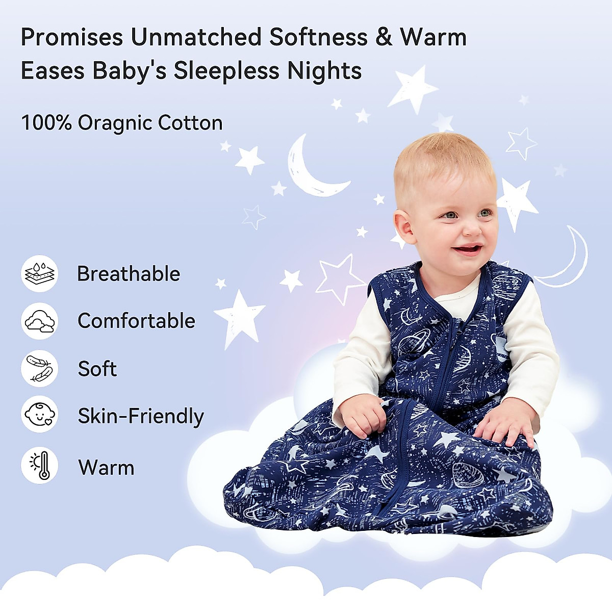Unnivoll Baby Sleep Sack 6-12 Months 3 Pack 100% Cotton Lightweight 0.5 TOG Wearable Blanket Baby Sleep Bag with 2-Way Zipper for Newborn Infant Blue
