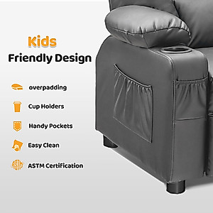 MCombo Big Kids Recliner for Ages 3+, Child Recliner Chair, Toddlers Recliner Sofa with Cup Holders, Faux Leather, 7322(Dark Grey)