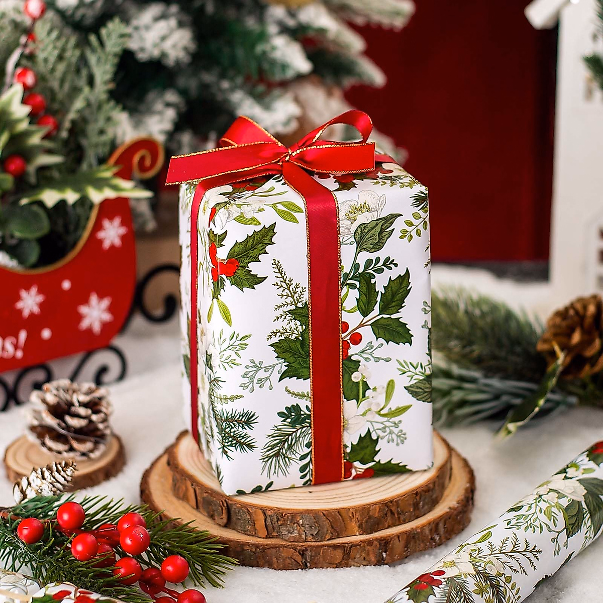 Merture Christmas Wrapping Paper Roll - 17 In X 32.8 Ft (46.5 sq.ft.ttl.) Elegant Christmas Gift Wrap with Watercolor Berry & Bloom Design for Christmas, Birthday, Valentines Day