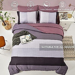 7 Pieces Purple Bed in a Bag Queen Comforter Set Striped Comforter with Sheets and Pillows for Queen Bed - Gradient Light Purple Patchwork Stripe Down Alternative Reversible Bedding Set 90"x90"