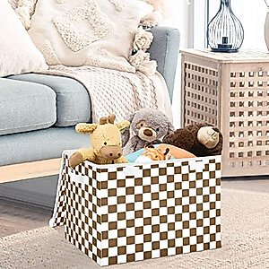 CaTaKu Chess Board Brown Storage Bins with Lids and Handles, Fabric Large Storage Container Cube Basket with Lid Decorative Storage Boxes for Organizing Clothes