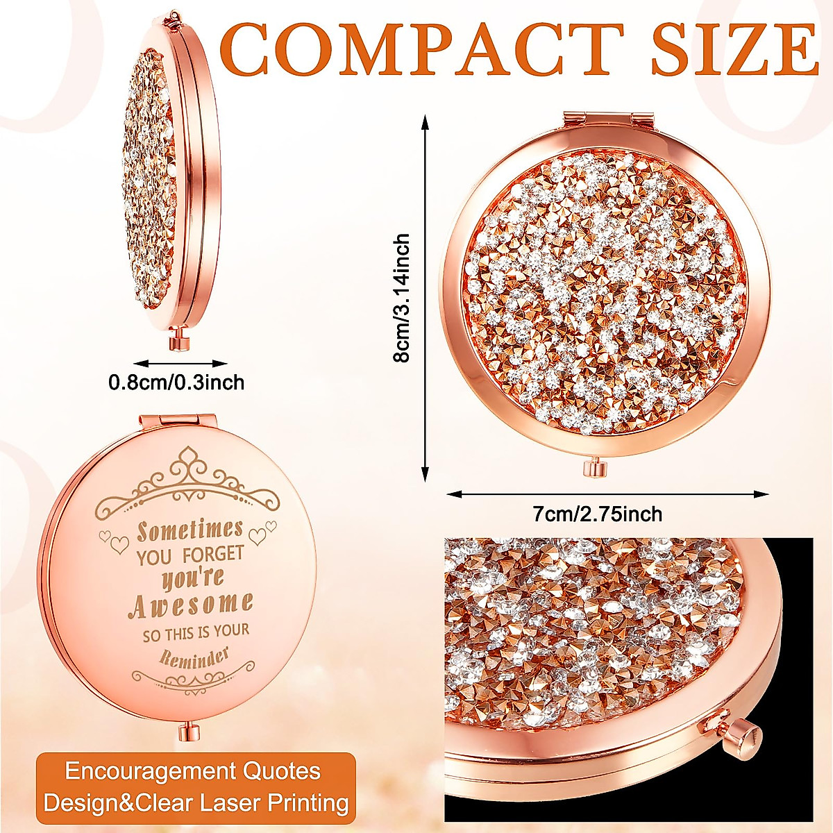 Cindeer 20 Pcs Small Compact Mirror Folding Pocket Makeup Round Hand Held Cosmetic Magnifying Compact Rhinestone Mirror with 1X/2X Magnification for Women Girls Travel (Gold Style)