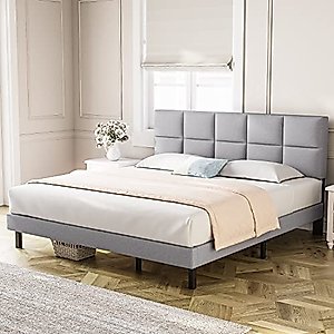 Molblly King Size Bed Frame Upholstered Platform with Headboard, Strong Frame and Wooden Slats Support, Linen Fabric Wrap, Non-Slip and Noise-Free,No Box Spring, Easy Assembly, Light Grey