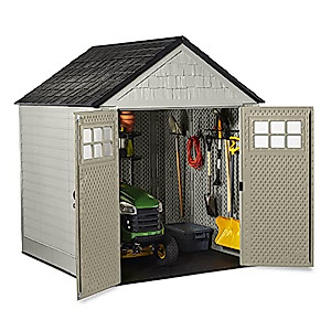 Rubbermaid 7x7 Ft Durable Weatherproof Resin Outdoor Storage Shed for Garden Tool and Lawn Machinery Organization, Sandstone (2 Pack)
