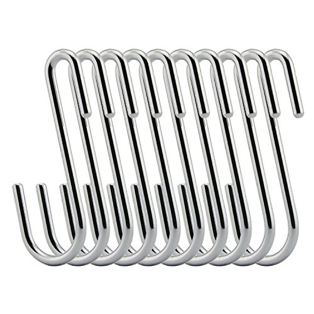 RuiLing Chrome Finish Steel S hook Cookware Universal Pot Rack Hooks Sturdy Hanging Hooks - Multiple uses for Kitchenware, Pots, Utensils, Plants, Towels - Set of 10