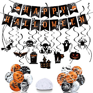 Halloween Party Hanging Decorations Kit- Halloween Hanging Swirl, Halloween Banner, Halloween Balloons with Halloween Spider Web Stretchable Cobweb for Halloween Indoor Outdoor Decoration
