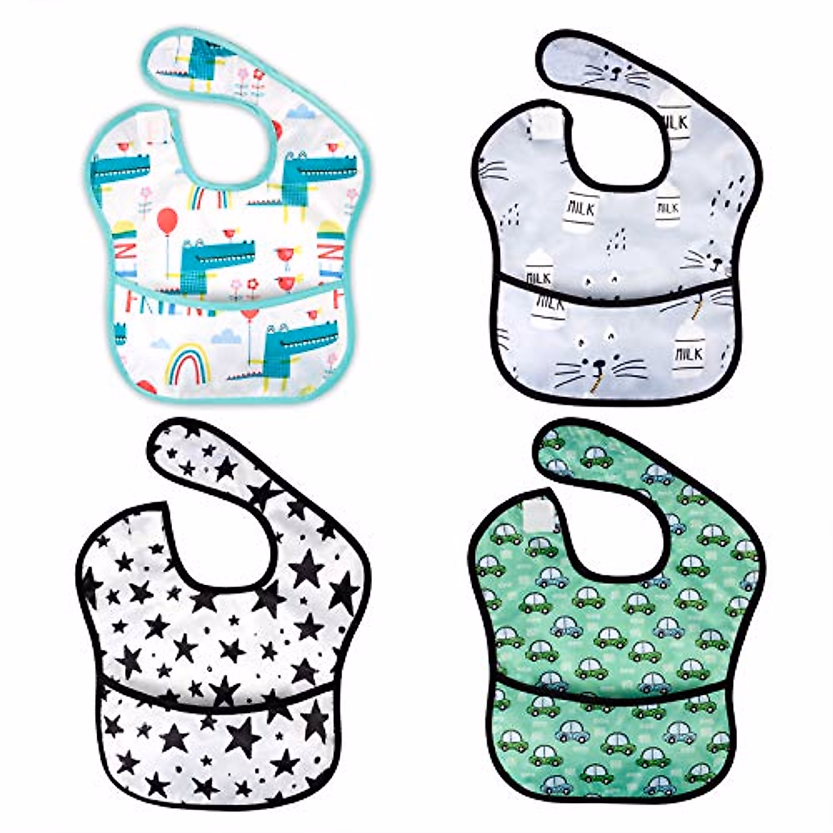 Baby Waterproof Adjustable Smock Bib for Feeding with Crumb Catcher Pocket, Sleeveless Plastic Eating Weaning Bib Set for Infants and Toddlers (4 Packs, 6-36 Months)