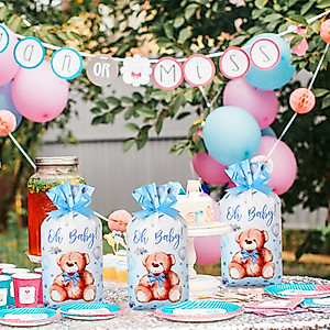Chiisong 50 Pcs Baby Shower Treat Bags with Bow Plastic Baby Drawstring Candy Goodie Bags Baby Shower Party Favor Gift Bags for Boy Girl Birthday Gender Reveal Party 9 x 6 x 2 Inch(Bear)