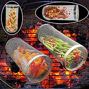 Rolling Grilling Baskets for Outdoor Grilling,BBQ Rolling Grill Basket,Grilling Basket,Rolling Grill Baskets for Outdoor Grill Vegetables,French Fries,Seafood,Meat (11.8X 3.74 inch) (Size : 2PCS 7.87