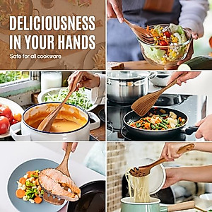 5 PCS Wooden Spoons for Cooking Natural Teak Kitchen Utensils Smooth Non-Stick Surface Cooking Utensils Set Soft Comfort-Grip Wooden Utensils for Cooking