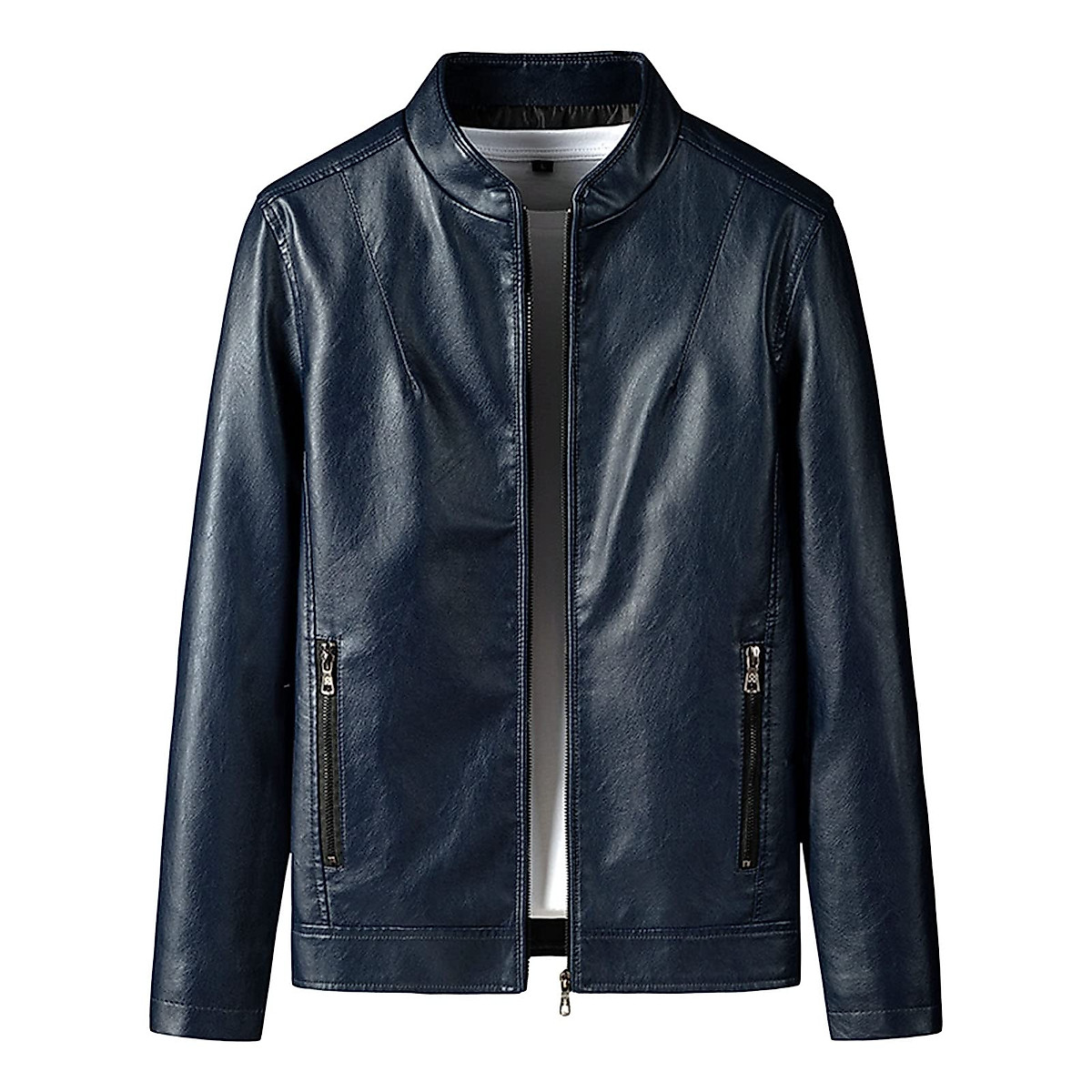 Maiyifu-GJ Mens Full Zip Biker Jacket Winter Warm Faux Leather Motorcycle Jackets Lightweight Casual Pu Bomber Coat (Blue,Medium)