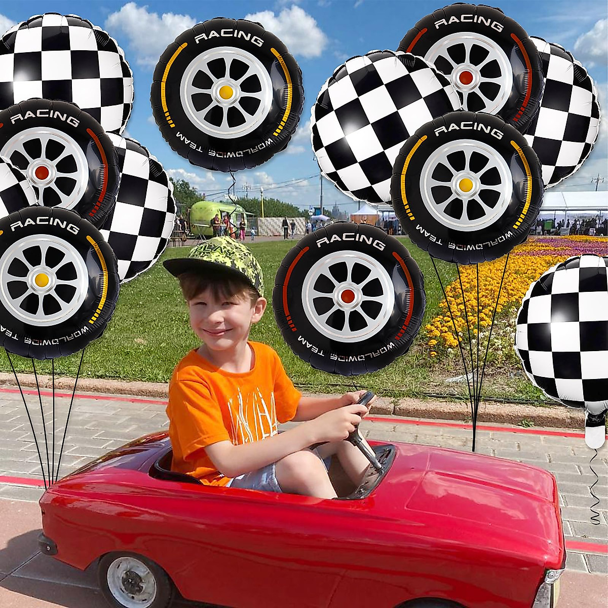 Stcomart 18 Inch Race Car Wheel Balloons, Black and White Checkered Balloons for Birthday Party, Race Car Theme Party, 12 PCS